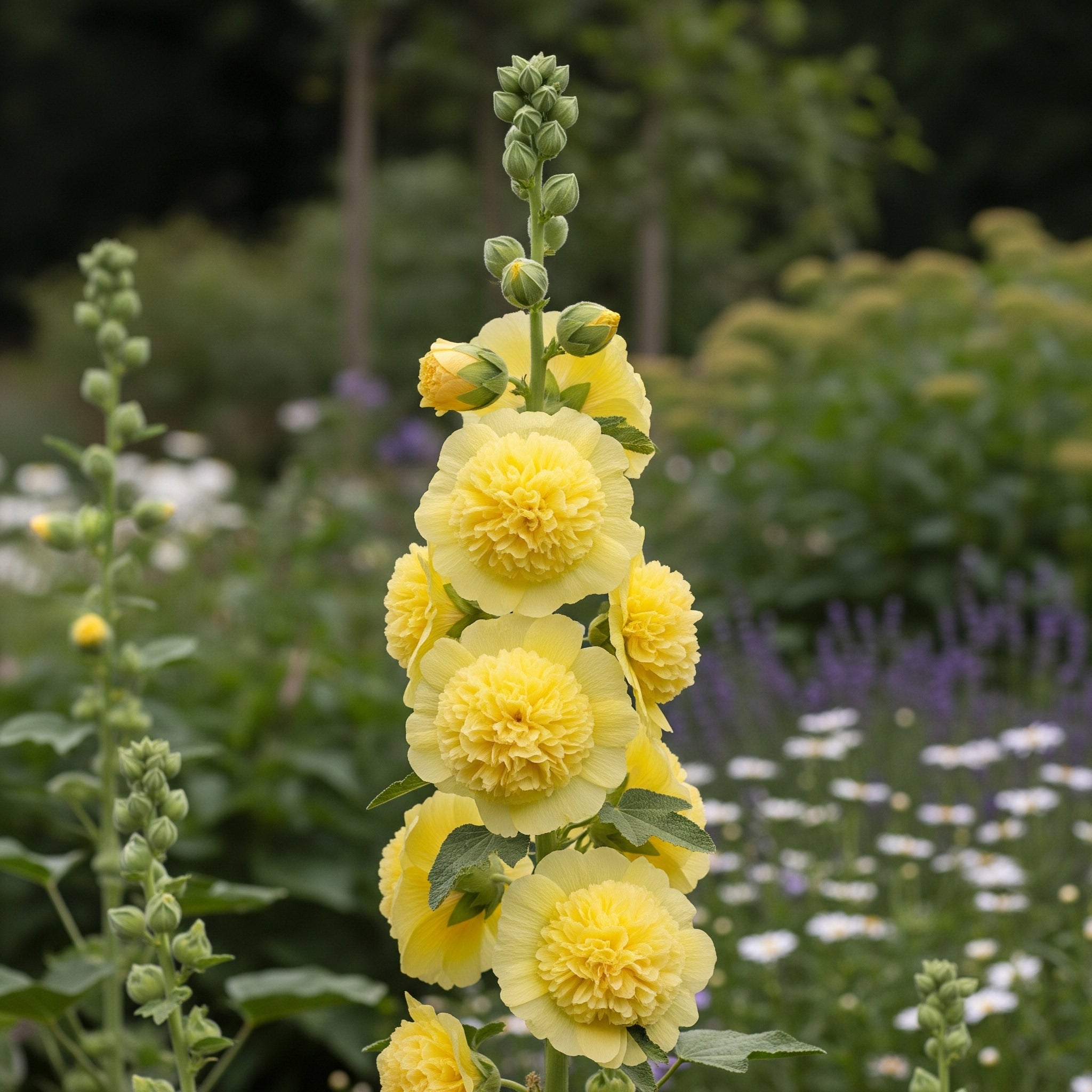 Stokroos - Alcea rosea 'Pleniflora' geel - stokrozen kopen